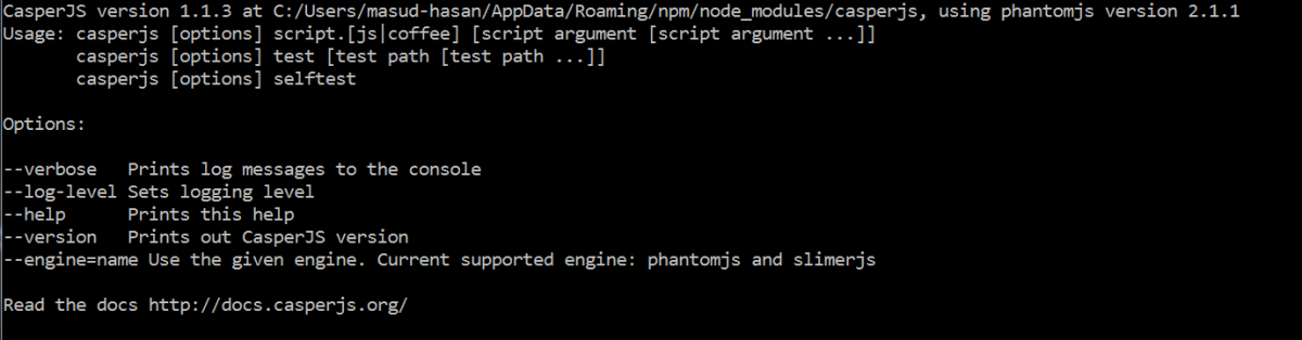 Install CasperJS in windows 7 | Javascript Debugger